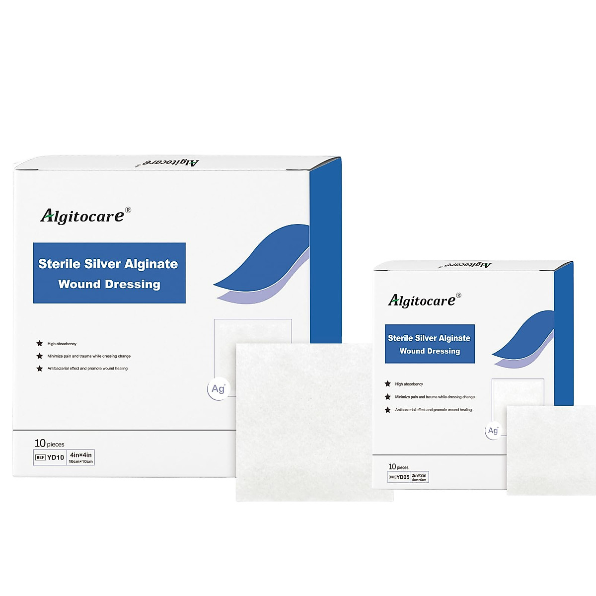Algitocare Ag Silver Calcium Alginate Wound Dressing - 4"x4"(Pack of 10) with 2"x2"(Pack of 10)