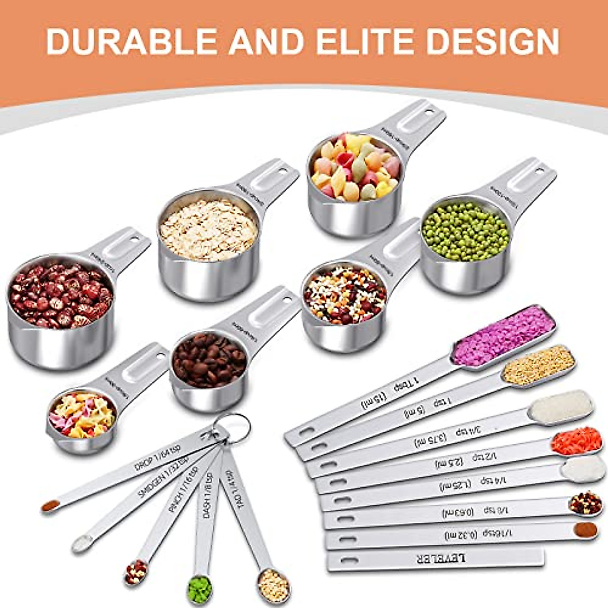 Measuring Cups and Spoons Set, 7 Stainless Steel Nesting Measuring Cups & 7 Spoons, 1 + Leveler & 5 Mini Measuring Spoons, Kitchen Measuring Spoons and Cups for Cooking & Baking, Set of 20