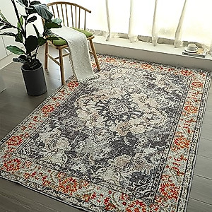 QD-Udreamy 5x7 Area Rugs - Machine Washable Rugs for Living Room, Area Rug with Non-Slip Backing, Stain Resistant Vintage Medallion Rug for Bedroom, Ultra-Thin Boho Large Area Rugs for Home Decor