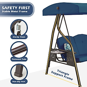 ZZW 3-Seat Outdoor Porch Swing with Stand, Patio Swing with Canopy, 2 in 1 Porch Swing Bed & Patio Swing Chair for Adult, Yard Swing w/Extra Pillows and Cup Holder (Blue)