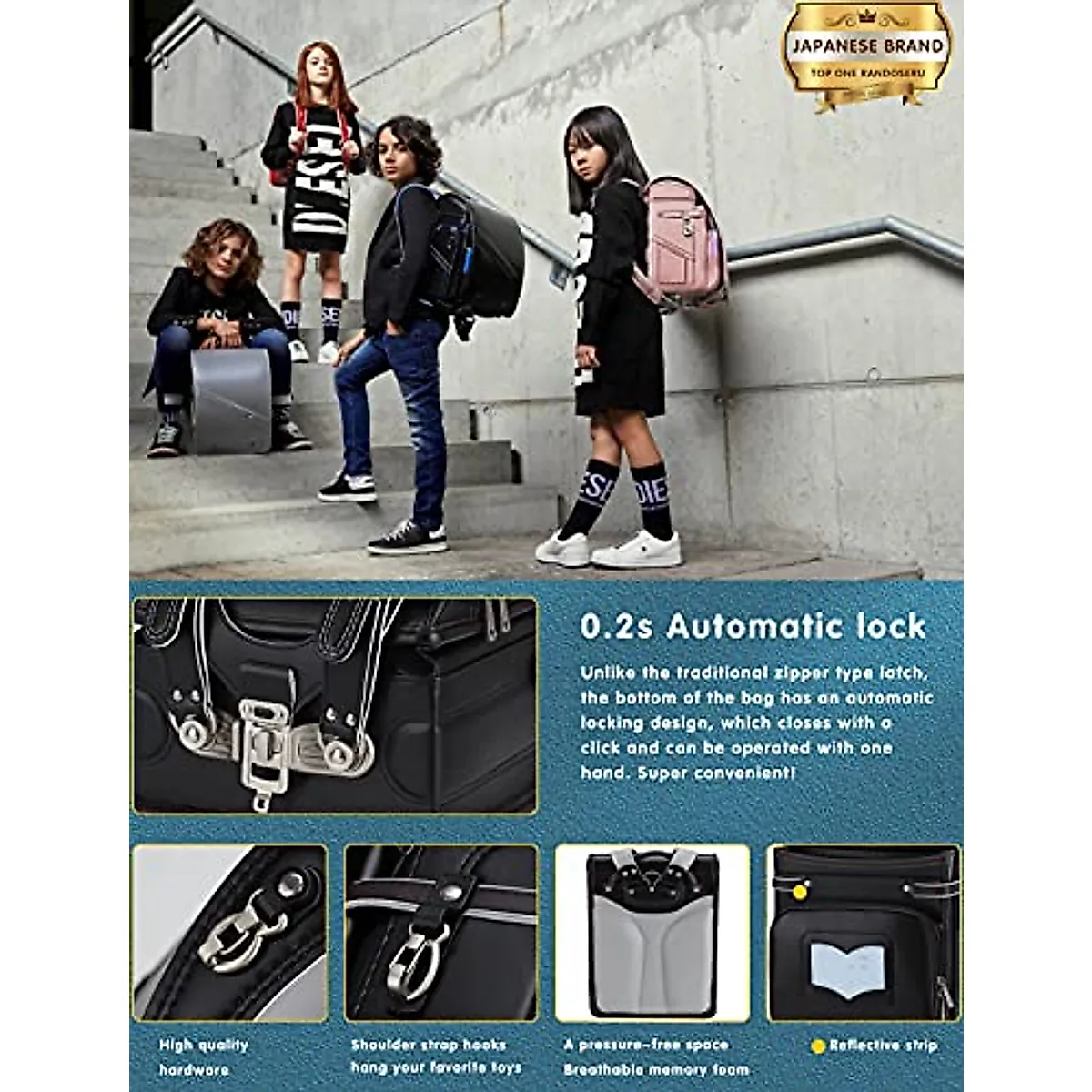 Baobab's wish Ransel Randoseru Backpack Semi-automatic satchel Japanese school bag for girls and boys PU leather bab-rng58 (Black 01)