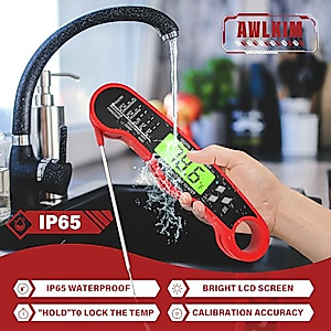 AWLKIM Meat Thermometer Digital - Fast Instant Read Food Thermometer for Cooking, Candy Making, Outside Grill, Waterproof Kitchen Thermometer with Backlight & Hold Function - Red