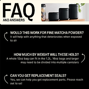 Fellow Atmos Vacuum Coffee Canister & Food Storage Container - Airtight Food Storage Containers - Coffee Containers - 1.2 Liter - Matte Black