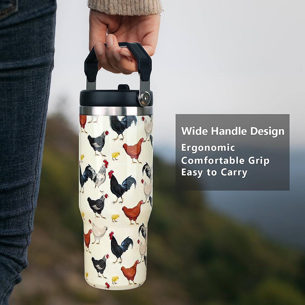 Exacmos 30oz Chicken Tumbler with Handle and Straw, Stainless Steel Vacuum Insulated Flip Straw 30 oz Coffee Rooster Tumbler, Spill Proof Travel Mug, Chicken Decor Gifts for Women