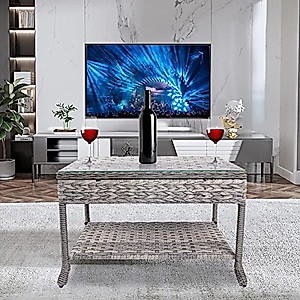 Koruiten Wicker Outdoor Coffee Table with Storage Shelf, All Weather Rattan Patio Coffee Table with Glass Top for Outside Porch Backyard