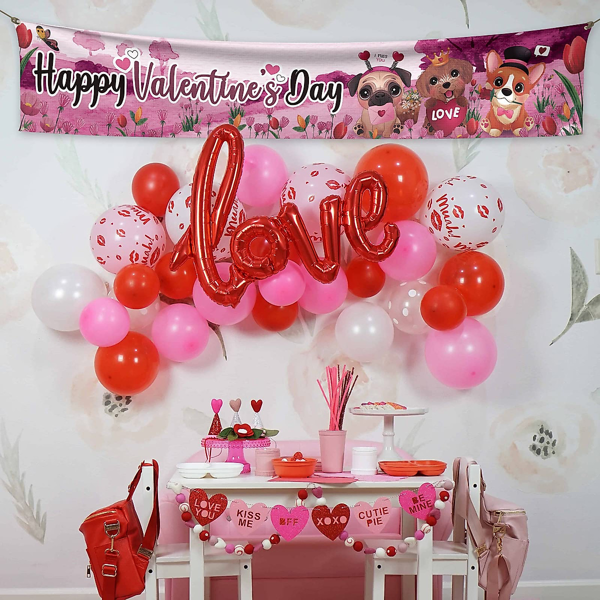Large Happy Valentines Day Banner Outdoor Decorations 120" x 20" Valentine's Yard Sign Purple Flowers Cute Dogs Love Hill Holiday Party Supplies Valentine Backdrop Home Decor with Brass Grommets for Garden House Fence Garage Indoor Gifts Anniversary Weddi
