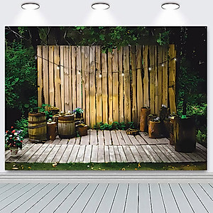 MAQTT 7x5FT Western Cowboy Jungle Party Theme Background Photography Nature Green Jungle Wooden Barrel Backdrop Photo Children Birthday Party Outdoor Party Decoration Banner