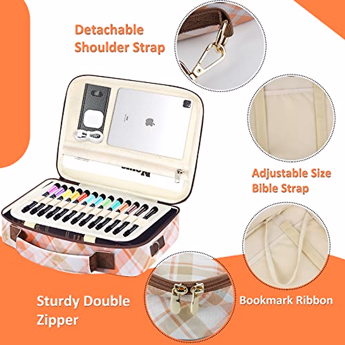 Large Bible Cover with Shoulder Strap, Bible Carrying Case with Handles, Bible Protective with Pen Slots, Bible Book Carrier Bible Accessories, Bible Case for Women, Bible Bag for Girl - Plaid