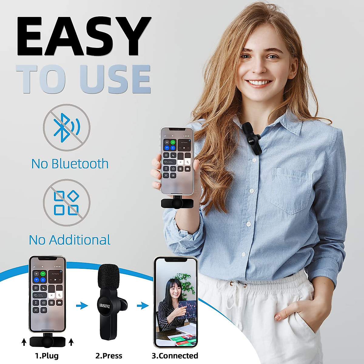 UBUISOTKZ Wireless Lavalier Microphone Compatible with Lightning Cable,iPhone,iPad–Wireless Microphone with 3 Level Noise Reduction &Real Time Monitor Function for TikTok, Vlogging