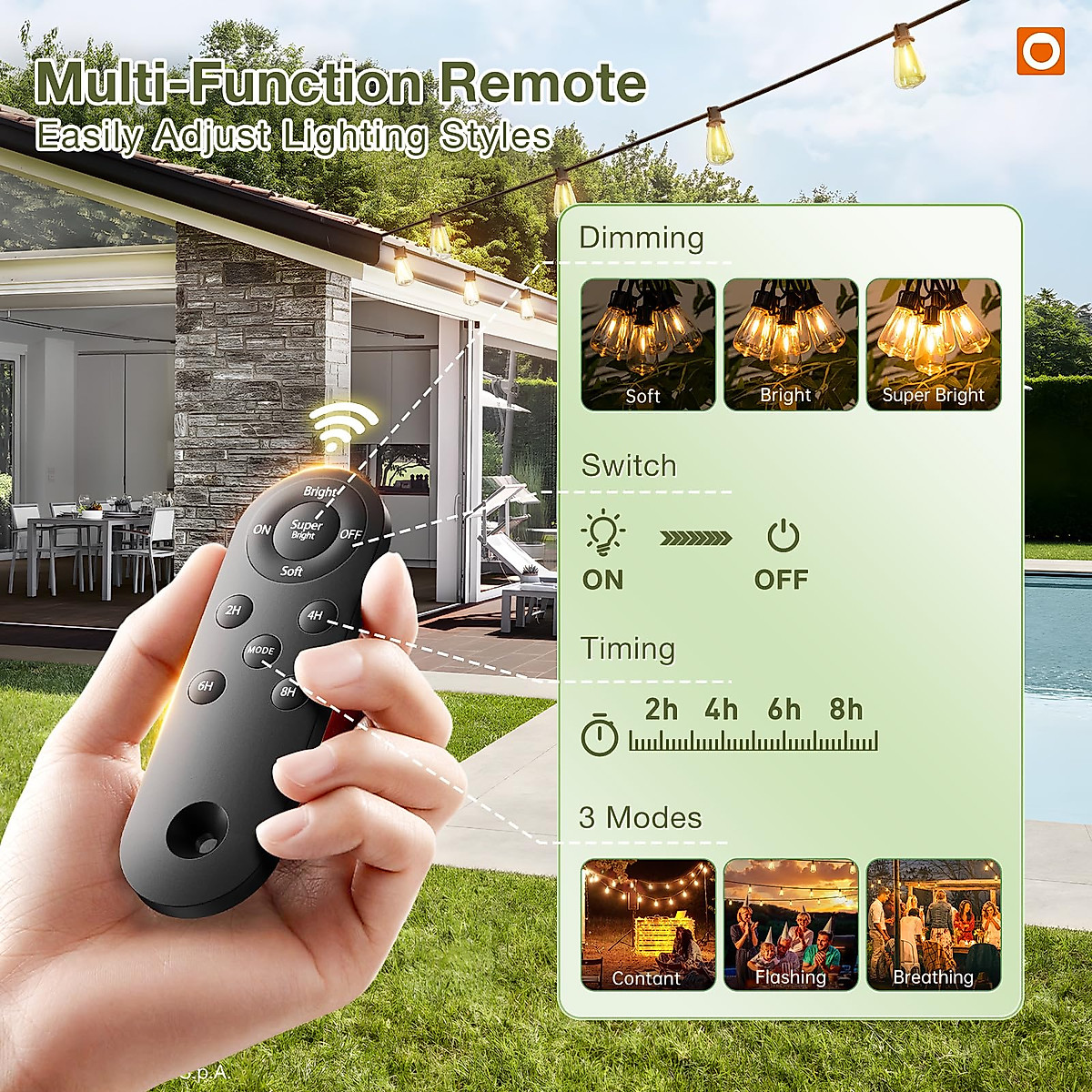 addlon 54(48+6) FT Solar String Lights Waterproof,Patio Lights Solar Powered with Remote & USB Port 15+1 LED Shatterproof Bulbs 3 Light Modes, Dimmable Solar Lights for Camping Backyard Garden