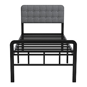 EMODA 16 Inch Twin Size Bed Frames with Upholstered Headboard and Metal Footboard, Heavy Duty Metal Slats Support Mattress Foundation, No Box Spring Needed, Easy Assembly