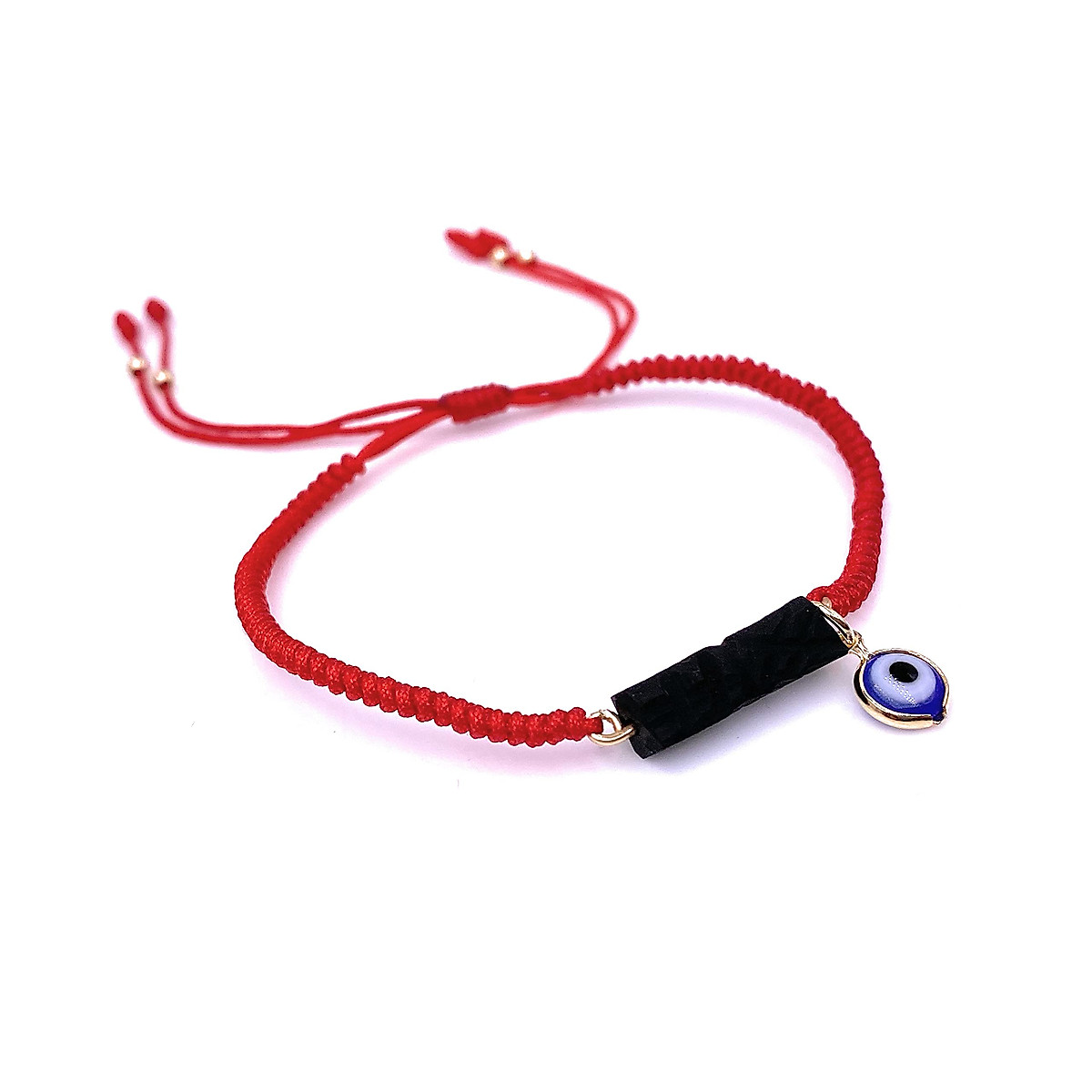 LESLIE BOULES Red Thread Genuine Azabache Hand Bracelet with Small Blue Evil Eye Connector Handmade Jewelry