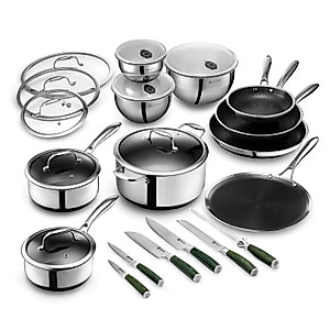 HexClad 22 Piece Hybrid Stainless Steel Cookware Set With 6 Pans, 6 Pots, Mixing Bowls, 6 Knives and 12 Inch Griddle, Dishwasher Safe