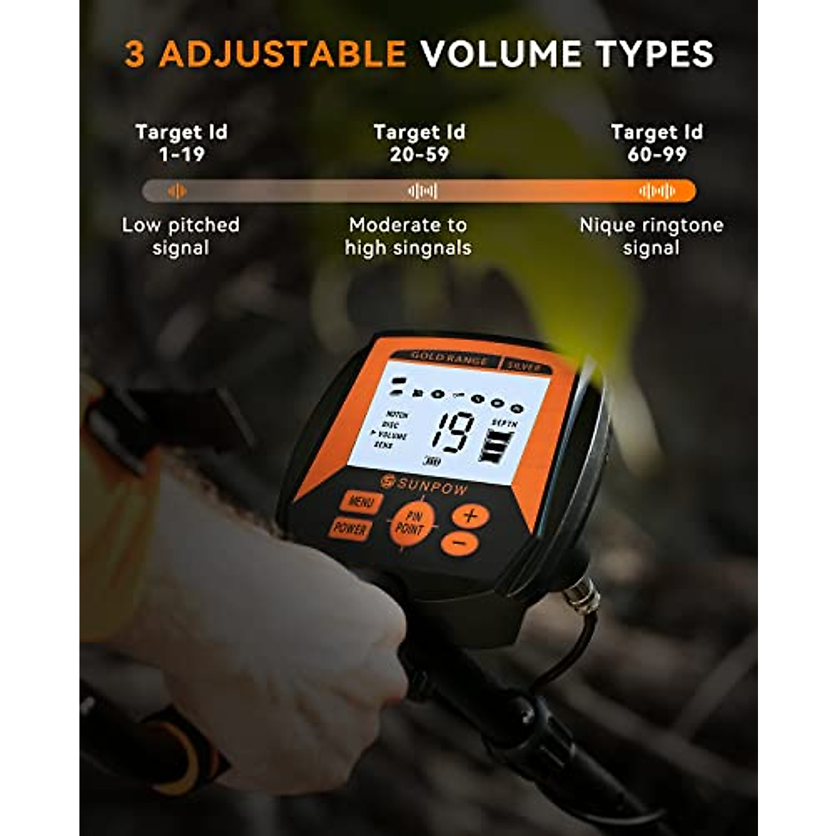 SUNPOW Metal Detector for Adults, Professional Waterproof High Accuracy Metal Detector, 10'' Detection Depth, Pinpoint & Disc & Notch & All Metal & Volume 5 Modes, Strong Anti-Interference-GC-1083