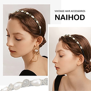 NAIHOD 3 Pcs Pearls Rhinestones Thin Headbands for Women Girls Luxury Vintage Hair Bands for Women's Hair with Cloth Wrapped Metal Hair Hoop Baroque Headpiece Elastic Head Bands