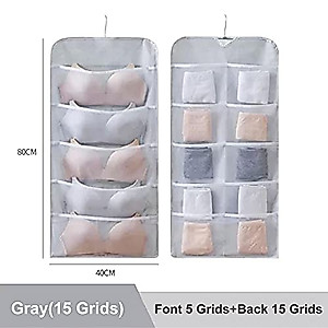 HUAJUHUI L&Z Hanging Storage Organizer-Cloth Dual Sided Wall Shelf Wardrobe Bags for Underwear Bra Socks Clothes Storage Hanging Bags, with Mesh Pockets & Rotating Metal Hanger(Gray,5+10 Grids)