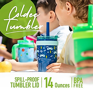 REDUCE 14 oz Coldee Tumbler with Handle for Kids Leakproof Insulated Stainless Steel Mug with Lid & Spill-Proof Straw, Keeps Drinks Cold up to 18 Hrs, Pink Lemonade