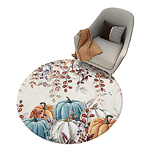 Thanksgiving Fluffy Round Area Rug Carpets 5ft, Teal Orange Pumpkin Fall Brown Eucalyptus Leaves Plush Shaggy Carpet Soft Circular Rugs, Non-Slip Fuzzy Accent Floor Mat for Living Room Bedroom Nursery