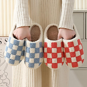 JINLONYU Checkered Slippers Cozy Warm Plush Slip-On House Shoes for Women Men Plaid Scuff Slides Blue 39-40