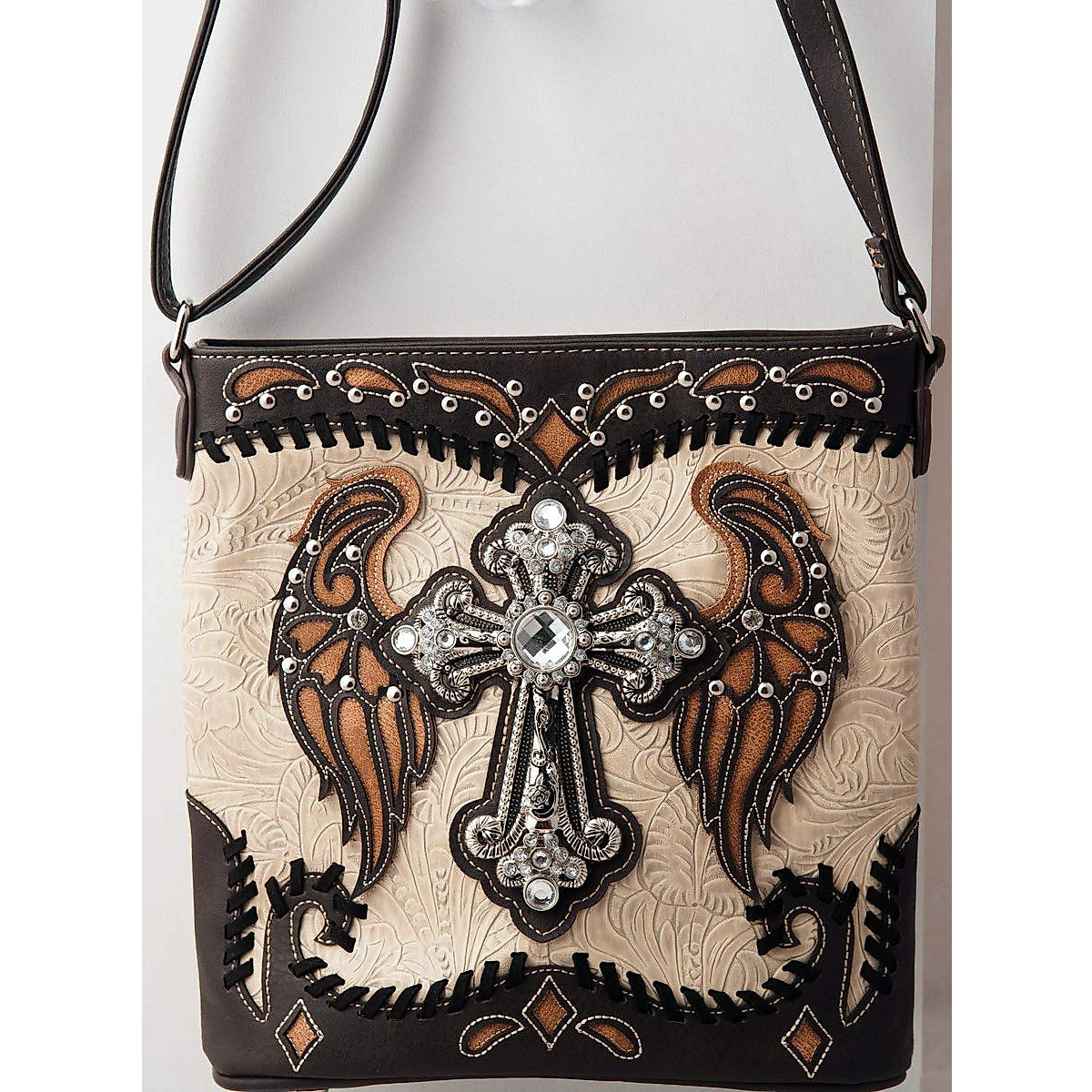 HW Collection Western Purse Cross Wings Stitching Women Crossbody Handbag Country Shoulder Bag (Beige)