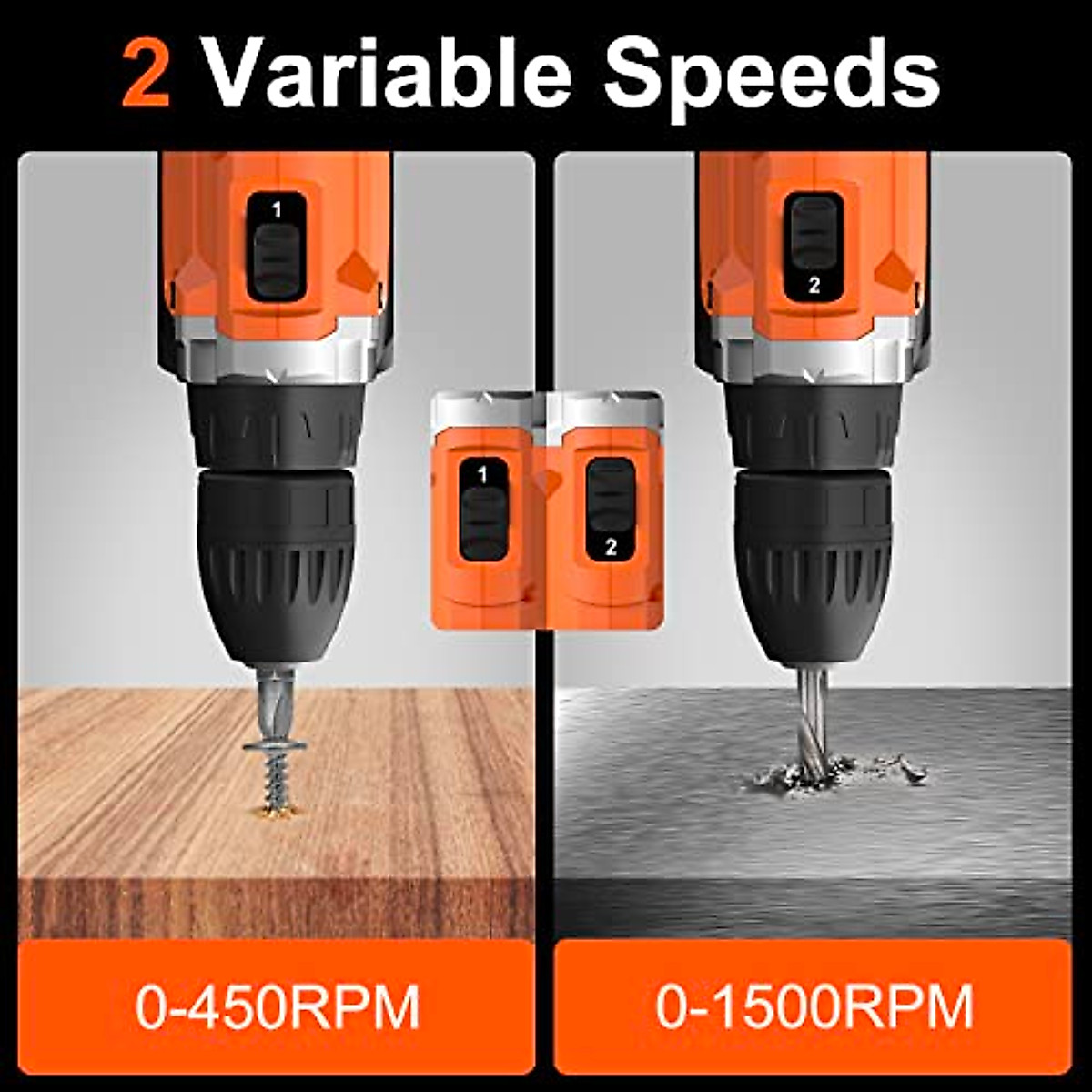 Cordless Drill, Bravolu 21V Cordless Electric Drill Set with 1 x 2Ah Battery, Torque 18 + 2, 310 in-lbs Max, 3/8-Inch Keyless Chuck 1500RPM 2 Variable Speeds and LED light, for Drilling Wood and Metal