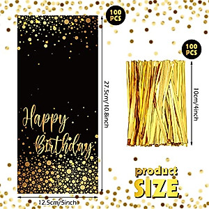 100 Pcs Happy Birthday Bags Small Black Gold Cellophane Treat Bags Dot Goodie Bags Party Favor Candy Bags with 100 Golden Twist Ties Cookie Packaging Gift Bags for Kids Birthday Party Supplies