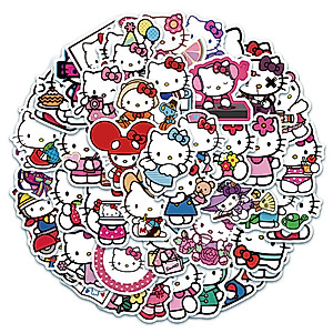 50Pcs Hello Kittty Stickers Pack Kitty White Theme Waterproof Sticker Decals for Laptop Water Bottle Skateboard Luggage Car Bumper Hello Kittty Stickers for Girls Kids Teens