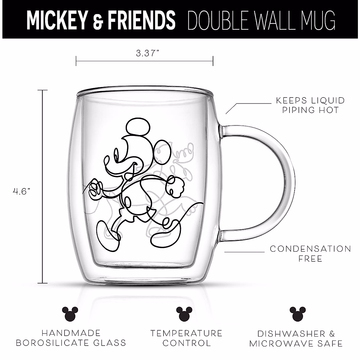 JoyJolt Aroma Disney Mickey and Pluto 13.5oz Glass Cups Set. 2 Insulated Double Wall Glass Coffee Cups, Insulated Coffee Cup Set. Unique Coffee Mugs, Large Espresso Cups. Disney Cups and Disney Mugs.