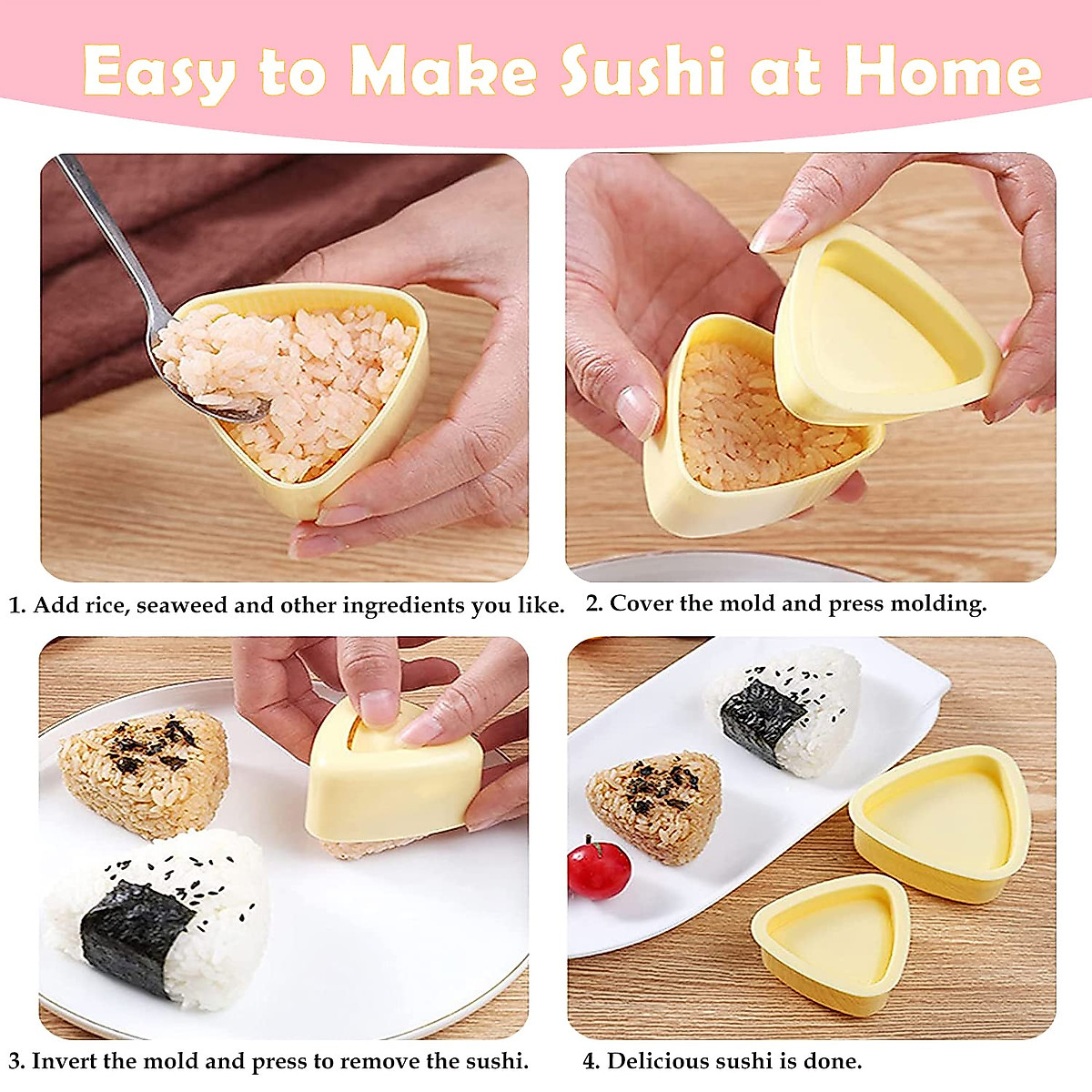 7 Pack Onigiri Mold, Rice Mold Musubi Maker Kit, Non Stick Spam Musubi Maker Press Rice Ball Mold Shake Sushi Maker Tool for Kids Bento Lunch and Home DIY (Triangle & Musubi)