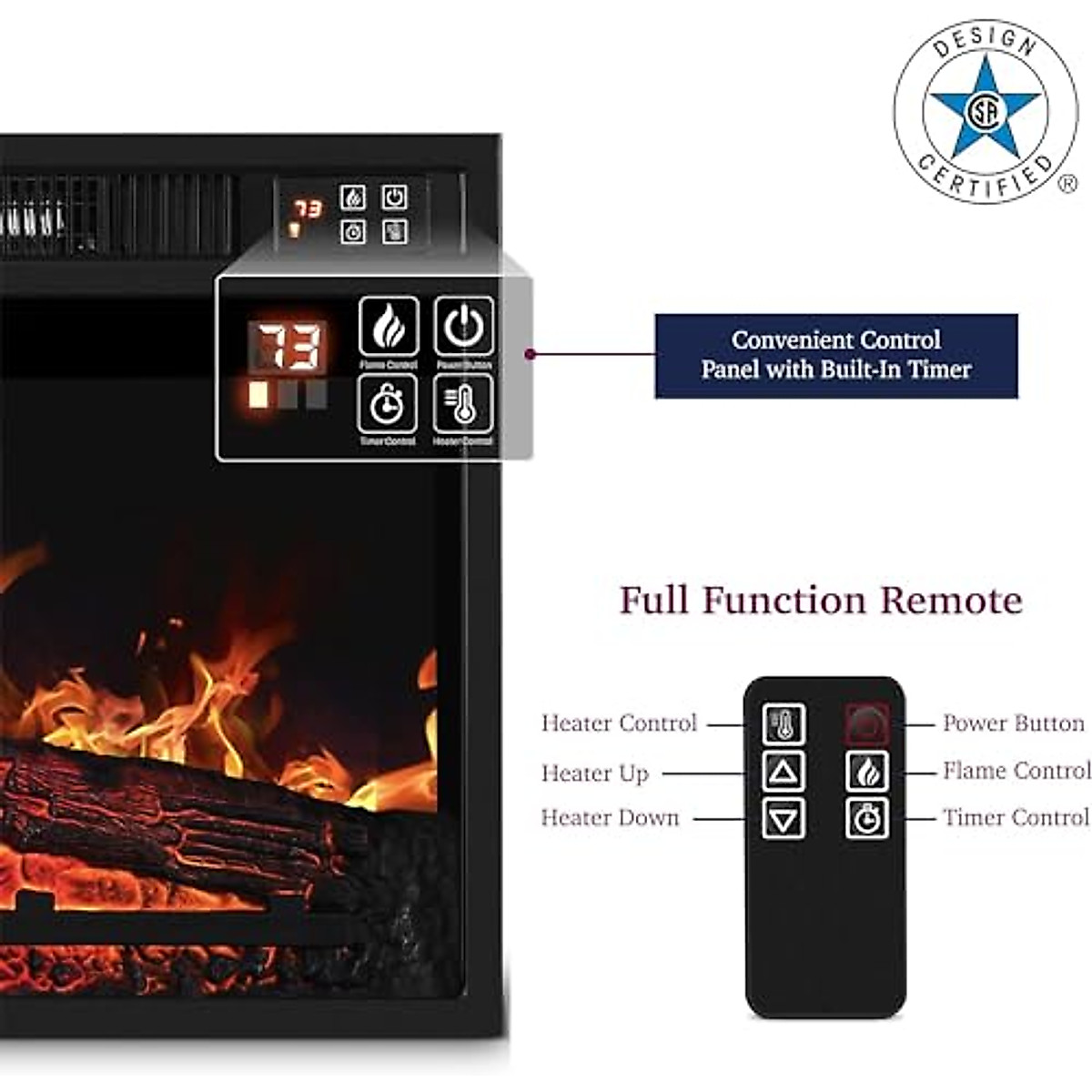 LGHM 23" Electric Fireplace, 3DInfrared Black Fireplace Electric Insert Heater, with Wireless Remote Control, Glass View, Adjustable Realistic Logs & Flames, Indoor, 1400w