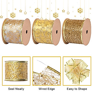 2.5'' Christmas Tree Ribbon Wired, 3 Rolls 30 Yards Gold Christmas Ribbon Mesh Swirl Sheer Glitter Snowflake Organza Ribbon for Christmas Tree Decorations Gift Wrapping, Crafts Garland Xmas Wreath