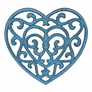 Stonebriar Country Rustic Heat Resistant Denim Blue Heart Shaped Cast Iron Trivet with Rubber Feet