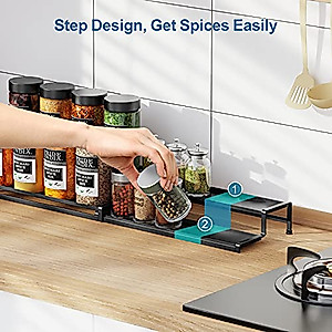 Warmfill Spice Rack Organizer For Cabinet 2 Tier Black Expandable Spice Rack for Pantry, Spice Organizer Display Shelf from 14.5 to 27.3 inch
