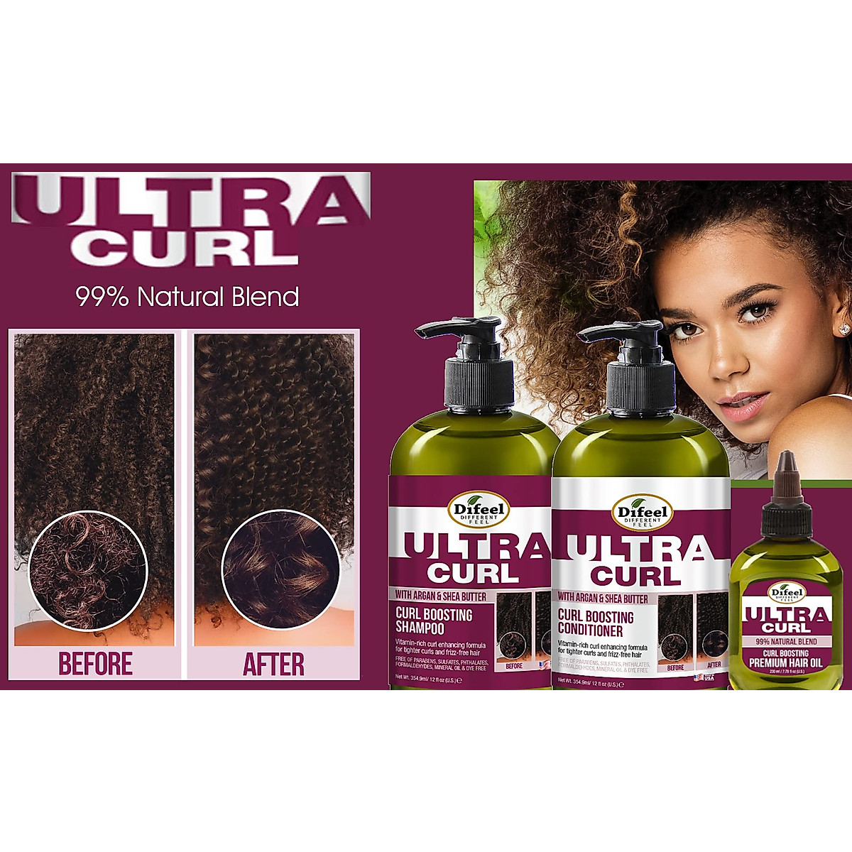 Difeel Ultra Curl 3-PC Curl Boosting Hair Care Set : Ultra Curl Shampoo 12 oz, Conditioner 12 oz and Hair Oil 2.5 oz. Set