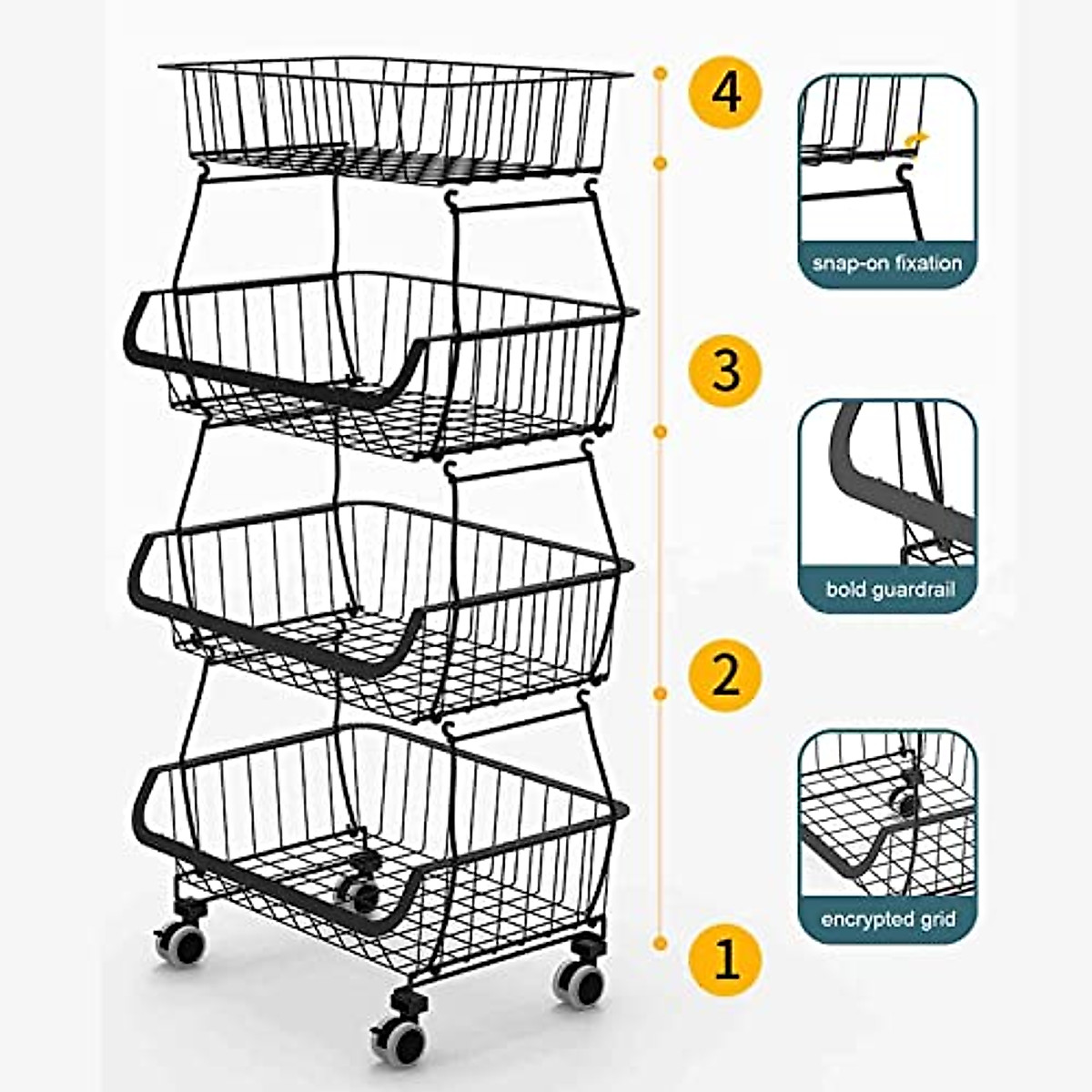 Multi-Tier Vegetable Storage Rack, Movable Stackable Fruit Vegetable Shelf, for Kitchen, Pantry, Bathroom, Garage, Living Room,4 Tier