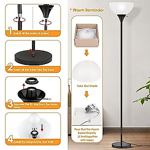 Coucrek Floor Lamp, LED Standing Lamps with White Plastic Shade, Black Modern Torchiere Floor Lamp, Tall Lamps for Living Room Dorm Bedroom Office, Rotary Switch, E26 Base, Bulb not Included