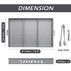 Webake Smores Tray with Food Tongs, Grey S'Mores Station Farmhouse S'Mores Bar Holder with Handles Rectangle Divided Metal Serving Tray