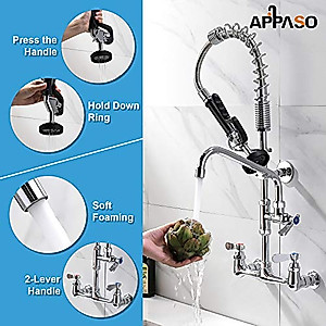 APPASO Commercial Sink Faucet with Pre-Rinse Sprayer, 8 Inch Center Wall Mount Kitchen Faucet 24” Height Compartment Sink Faucet with 12” Swivel Spout for Restaurant Industrial, Polished Chrome Finish