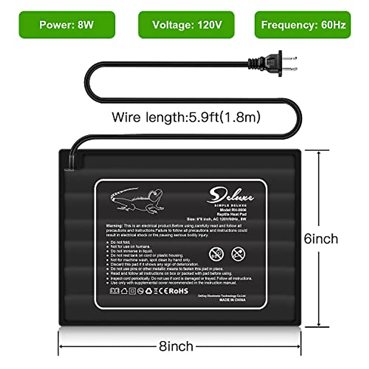 Simple Deluxe 6 X 8 Inch 8W Reptile Heating Pad Under Tank Heater Terrarium Warmer Heat Mat for Amphibians and Reptiles Pet, Black