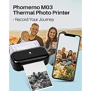Phomemo M03 Pocket Printer- Portable Printer Photo Printer with 3 Roll 3 Inch Black on White, 77mm x 3.5m, 3 Inch X 11.5 ft, Compatible with iOS + Android for Photos, Journalist, Work, Plan-Black