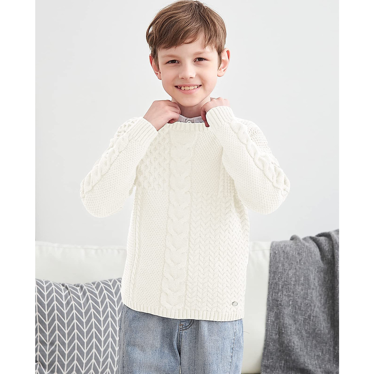 Kid Boys Girls Crewneck Pullover Sweater Long Sleeve Solid Color Chunky Jumper Knit Pullover Outwear,White,7-8 Years