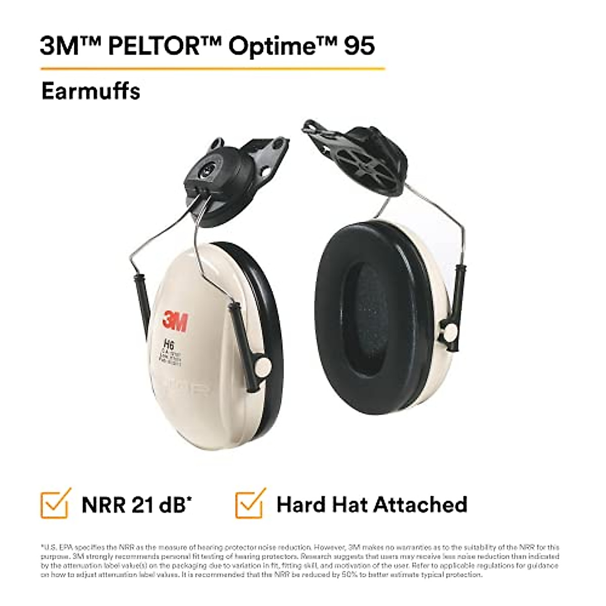 3M Peltor Optime 95 Cap-Mount Earmuffs, Hearing Conservation H6P3E/V, White