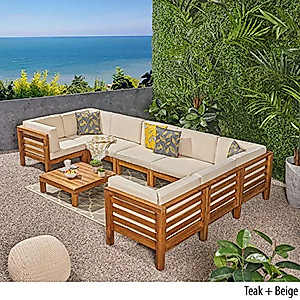 Great Deal Furniture Dawson Outdoor U-Shaped Sectional Sofa Set with Coffee Table - 9-Piece 8-Seater - Acacia Wood - Outdoor Cushions - Teak and Beige