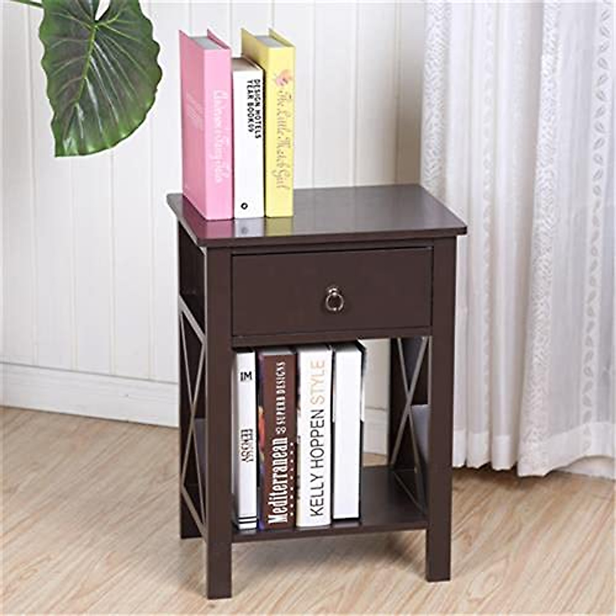 Royard Oaktree Nightstand with Drawer and X-Side Shelf Modern End Side Table with Shelf Storage Wood Night Stand Bedside Table for Bedroom Home Office,Brown