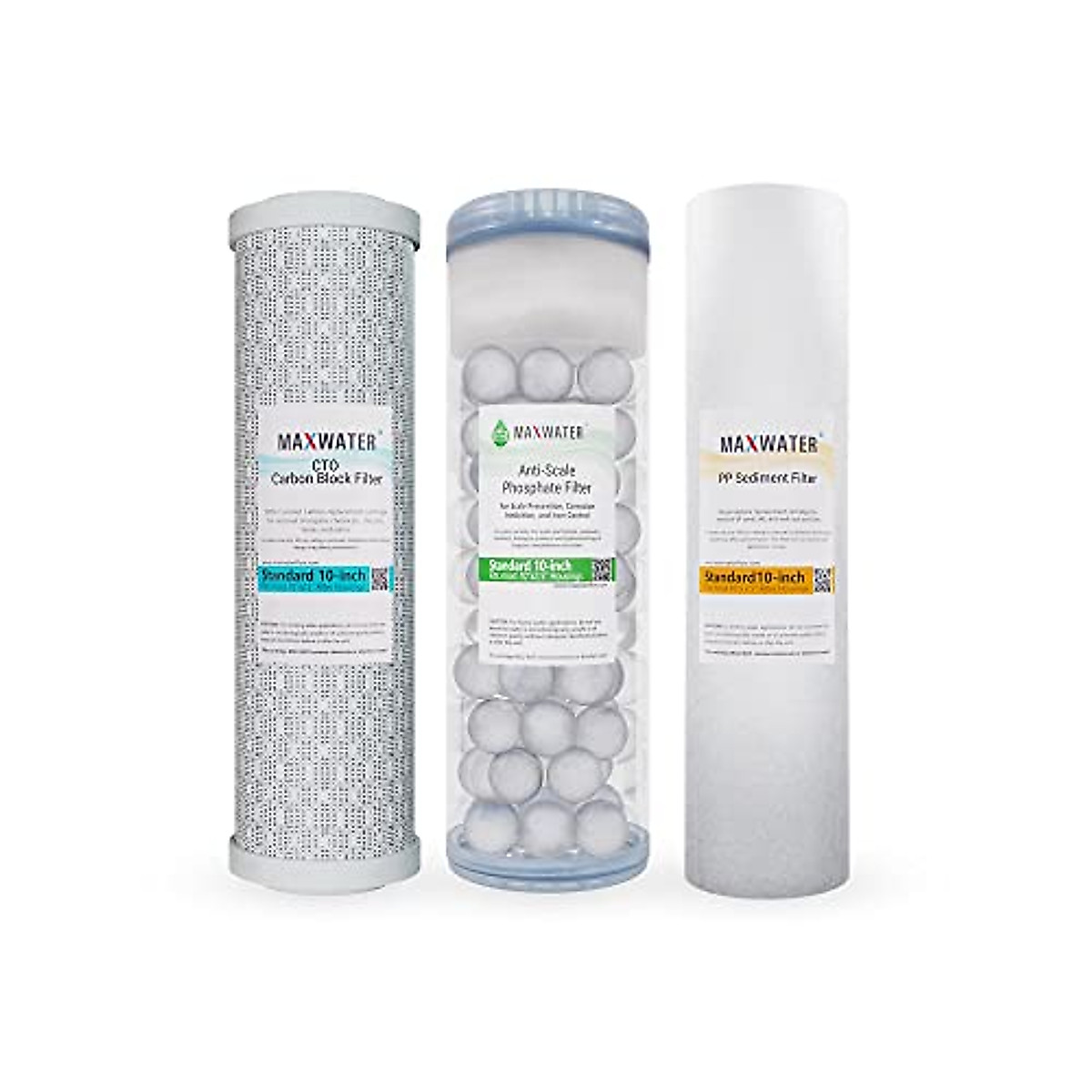 10" Standard Whole House Whole House Anti Scale Filter Set - 10" x 2.5" Polypropylene Sediment, Phosphate Anti-Scale, CTO Carbon Block Water Filter pack, Total of 3 Filters