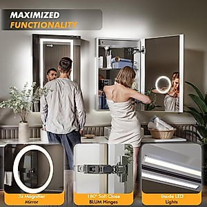 KRISTALLUM LED Lighted Medicine Cabinet Front & Backlit Dimmable Colours, Clock & Temp, USB Outlets (20 x 32inc)