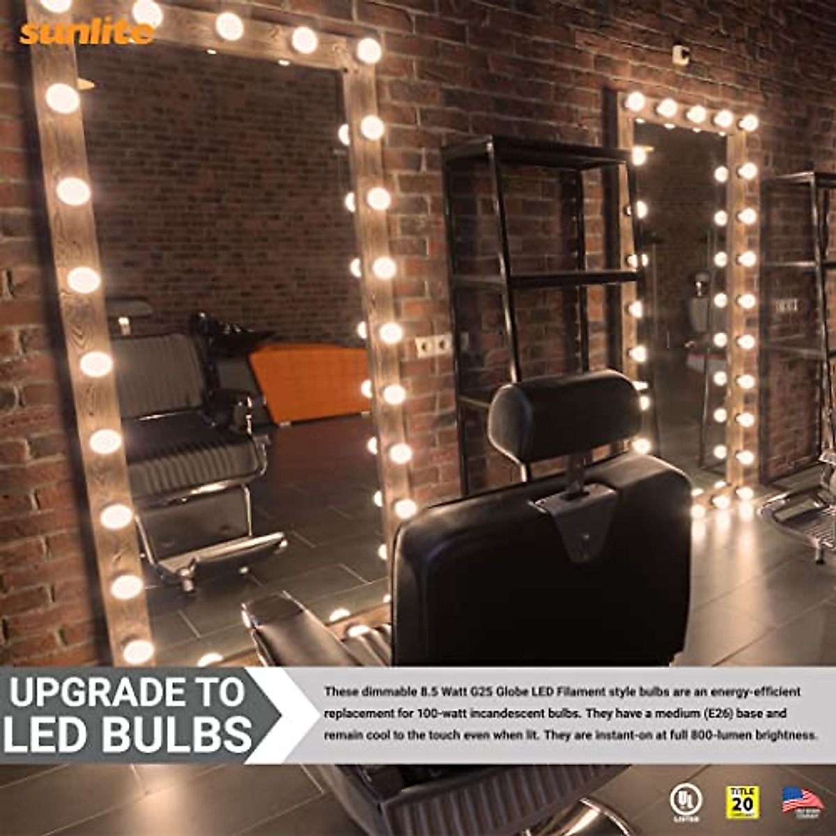 Sunlite 41696 LED G25 Edison Globe Light Bulb, 8.5 Watts (100W=), Medium E26 Base, 800 Lumens, Dimmable, Clear Glass, Antique Long Filament, 90 CRI, Title-20 Compliant, 2700K Soft White, 4 Count