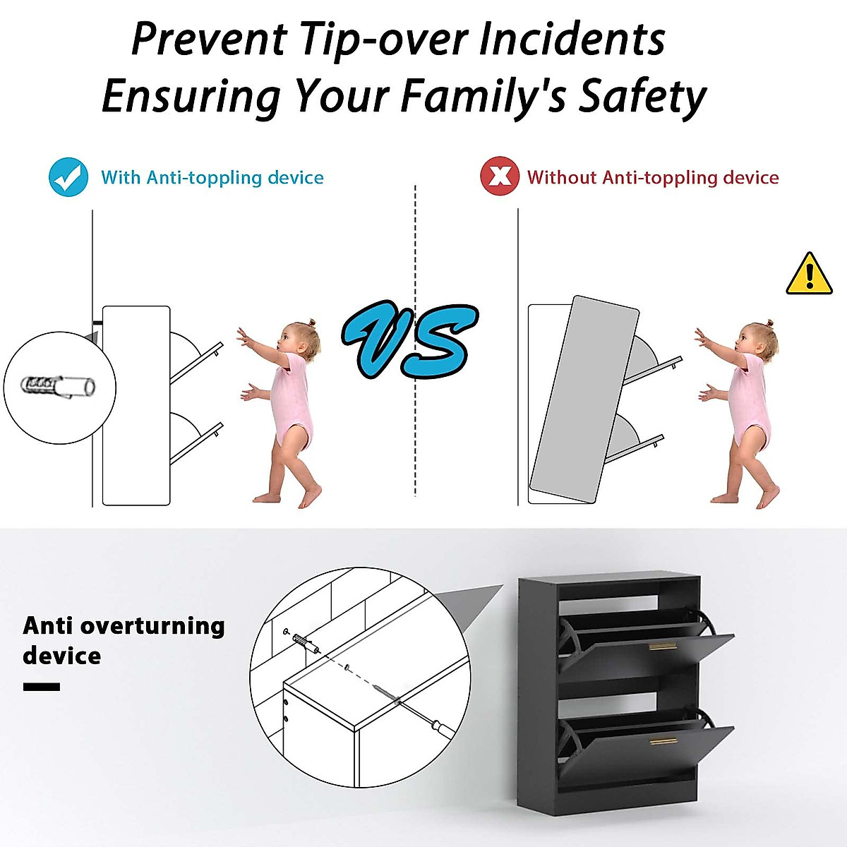 NOVAMAISON Shoe Cabinet for Entryway Slim, Black Narrow Hidden Shoe Storage Cabinet, 2 Flip Drawers Shoe Cabinet, Freestanding Shoe Organizer Cabinet for Hallway