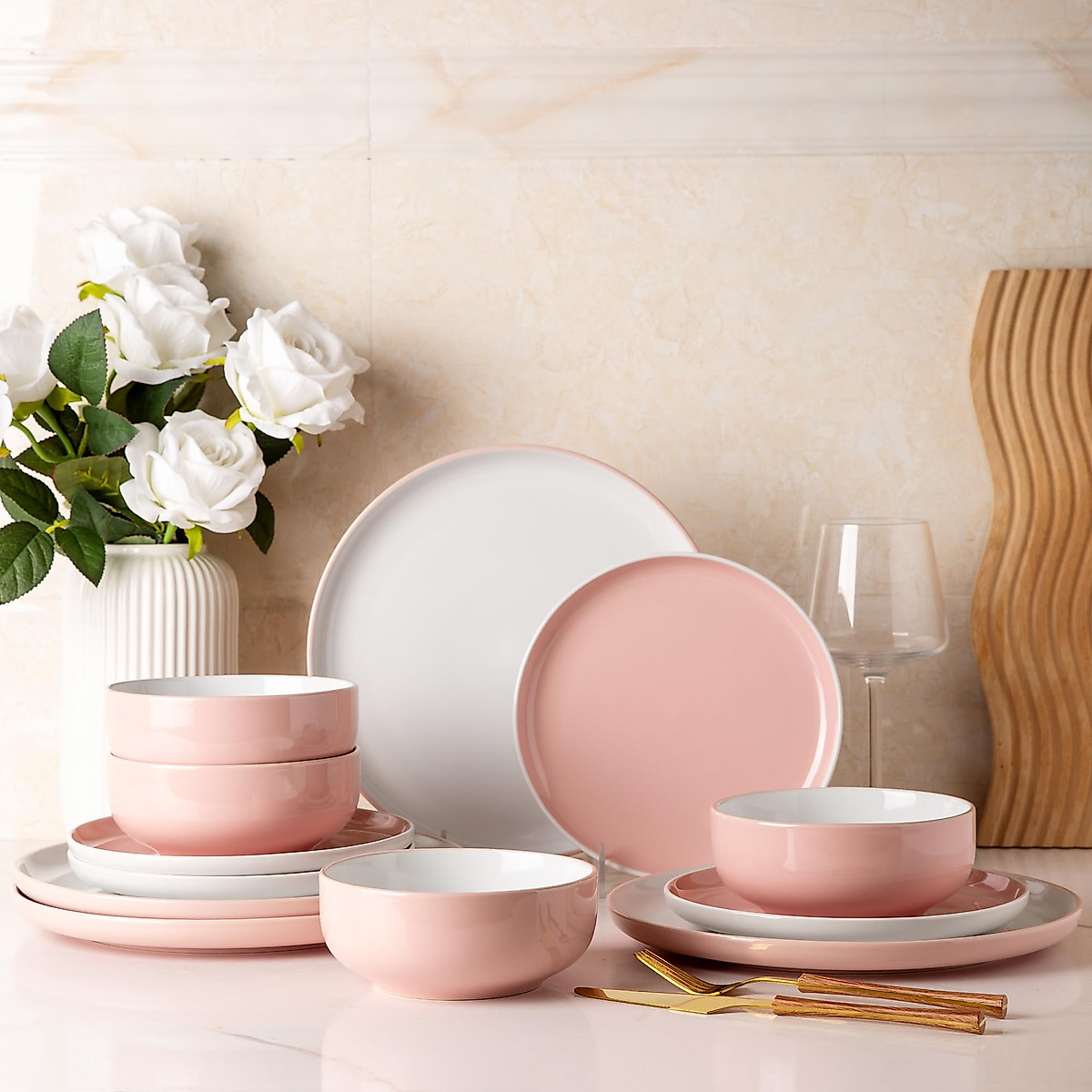 GBHOME Ceramic Dinnerware Sets,Double Color Glaze Plates and Bowls Set,Highly Chip and Crack Resistant | Dishwasher & Microwave Safe | Round Dishes Set Service for 4 (12pc)