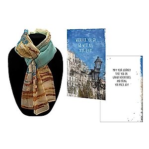 Smiling Wisdom - Retirement Journey Goodbye Greeting Card - Wherever You Go, Go with All Your Heart Gift Set - Chiffon Viscose Scarf - Woman Coworker Grad - Tan Blue Multi-colored (City)